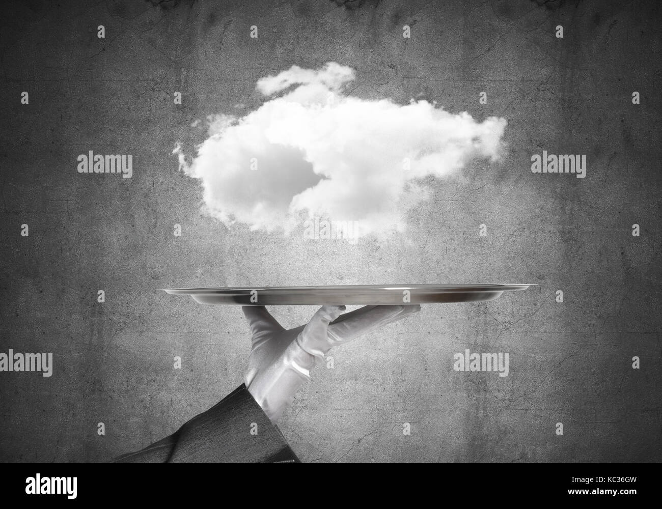 Hand of waitress presenting cloud on tray Stock Photo - Alamy