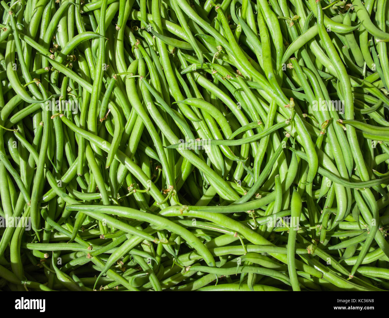 Fresh organic Green Beans background, exposed in a country fair market ...