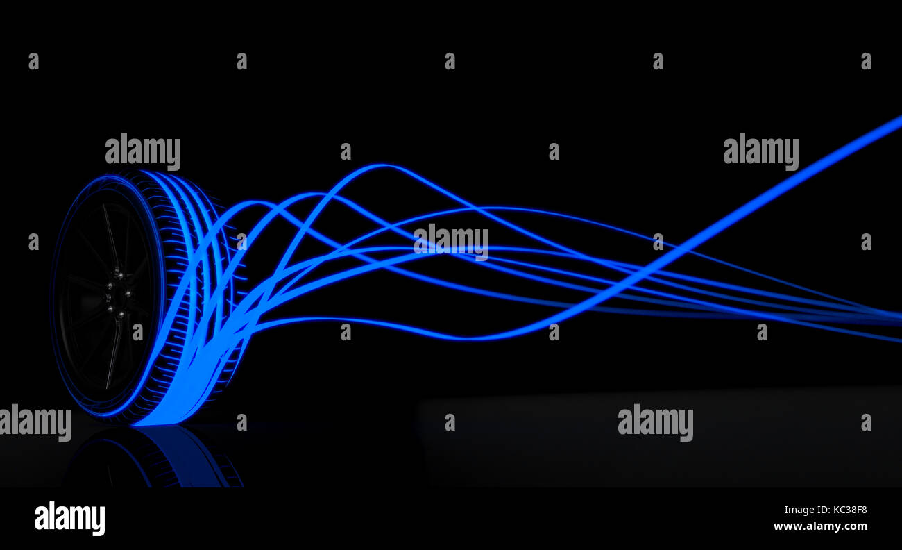 A modern sporty low profile tire with blue futuristic glowing patterns ...