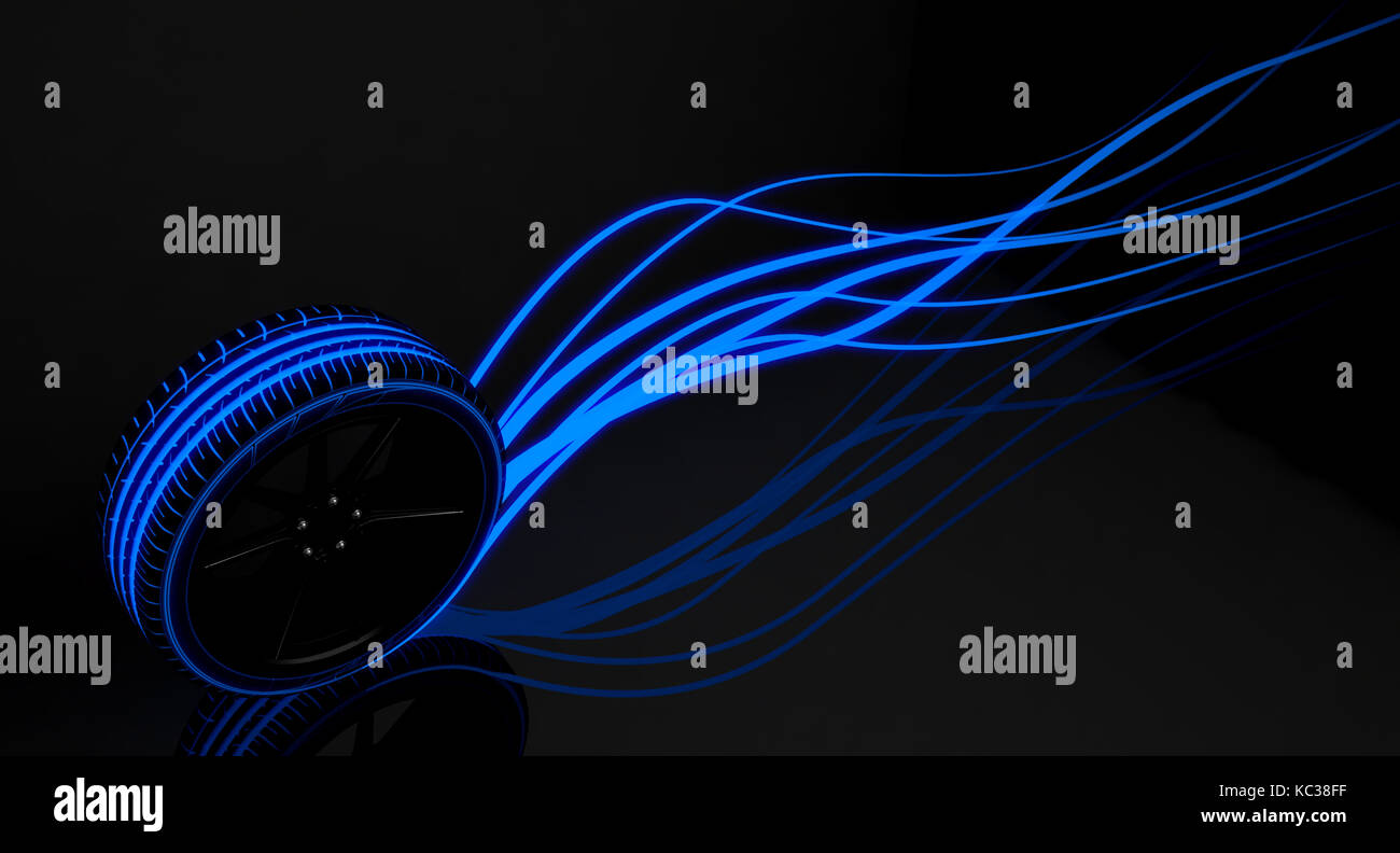 A modern sporty low profile tire with blue futuristic glowing patterns ...