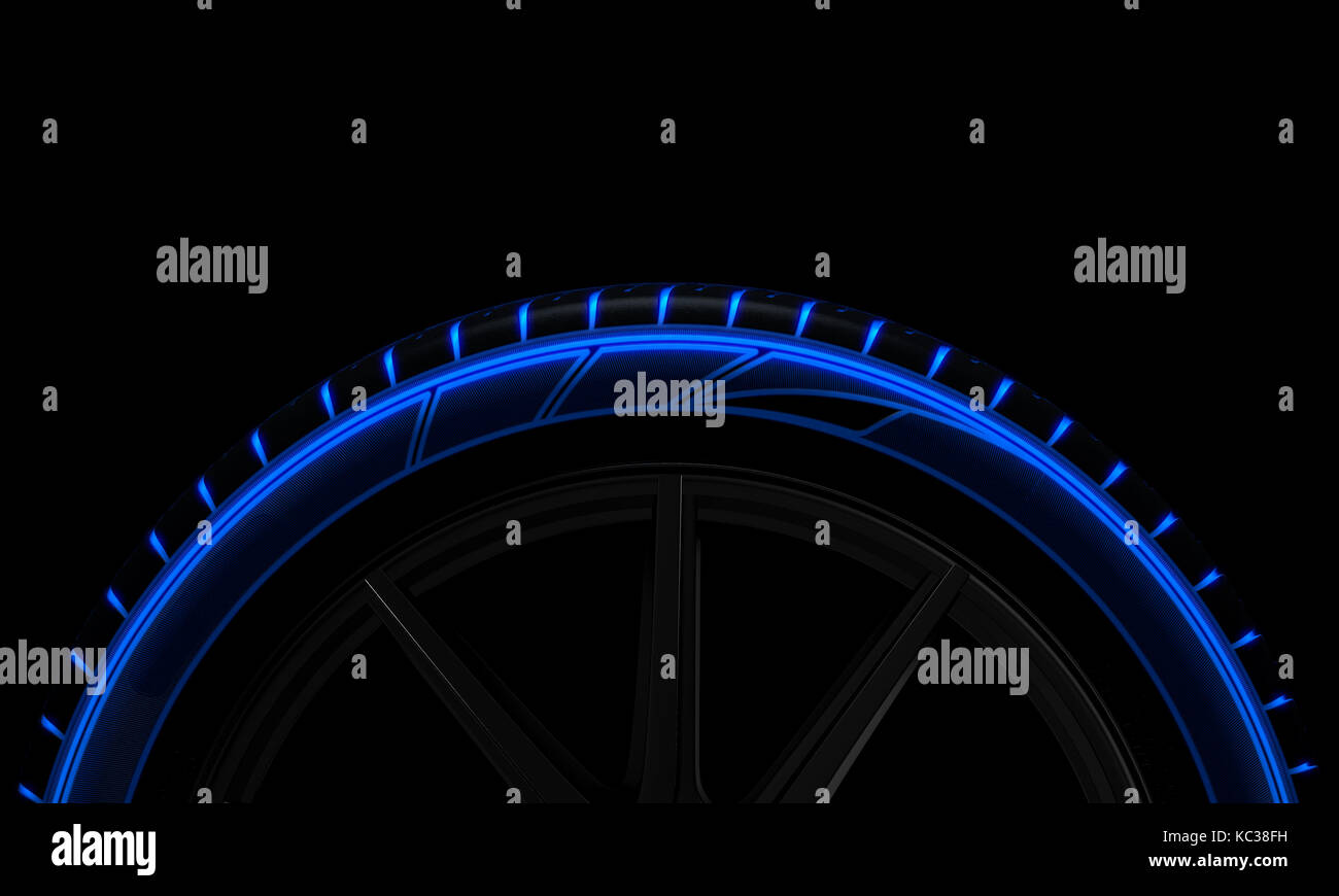 A modern sporty low profile tire with blue futuristic glowing patterns ...