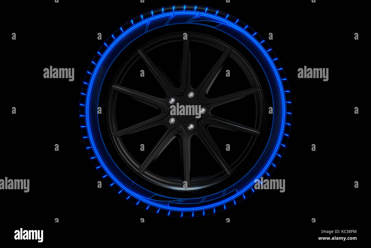 A modern sporty low profile tire with blue futuristic glowing patterns ...