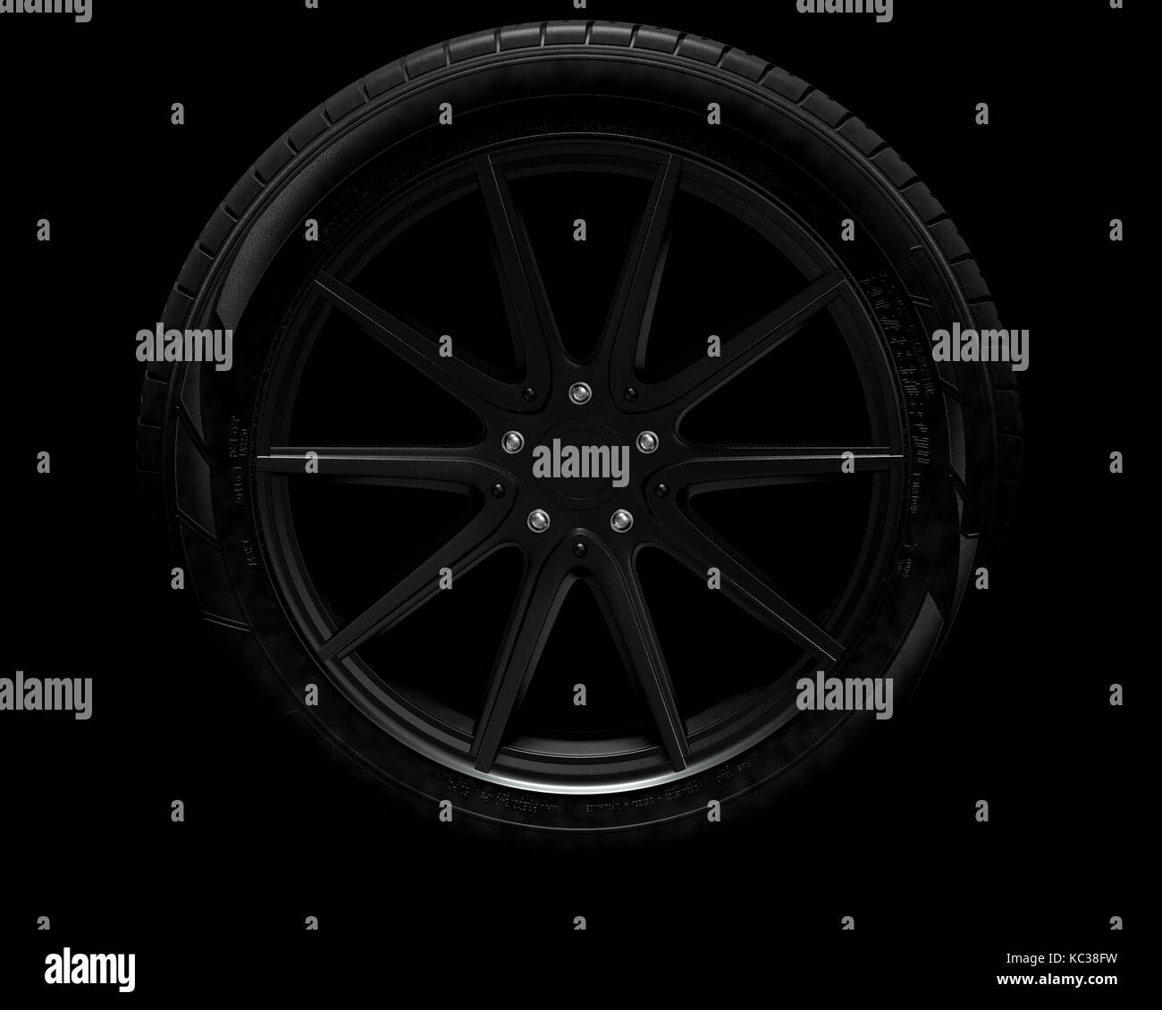 A modern sporty low profile tire on a dark moody studio background - 3D ...