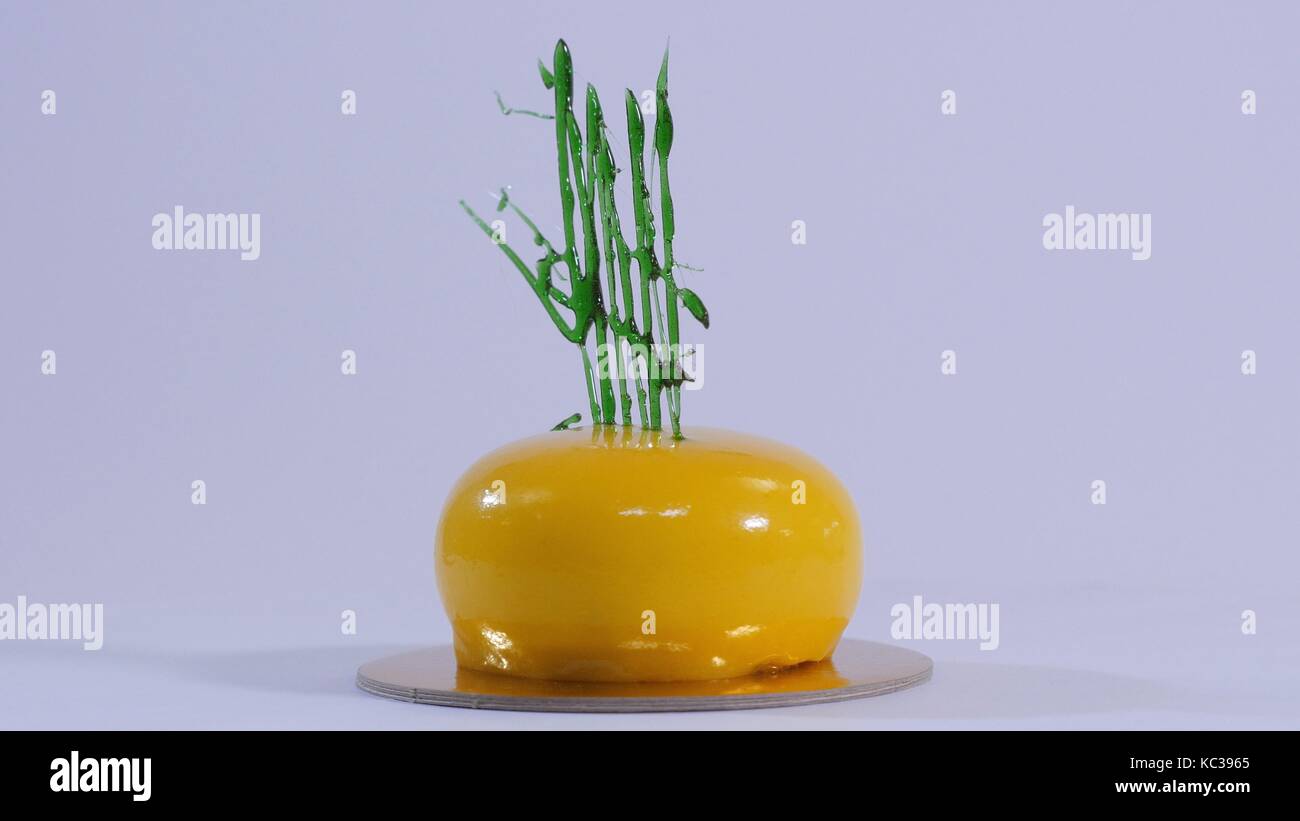 Contemporary Yellow Mousse Cake decorated with green caramel, on white ...