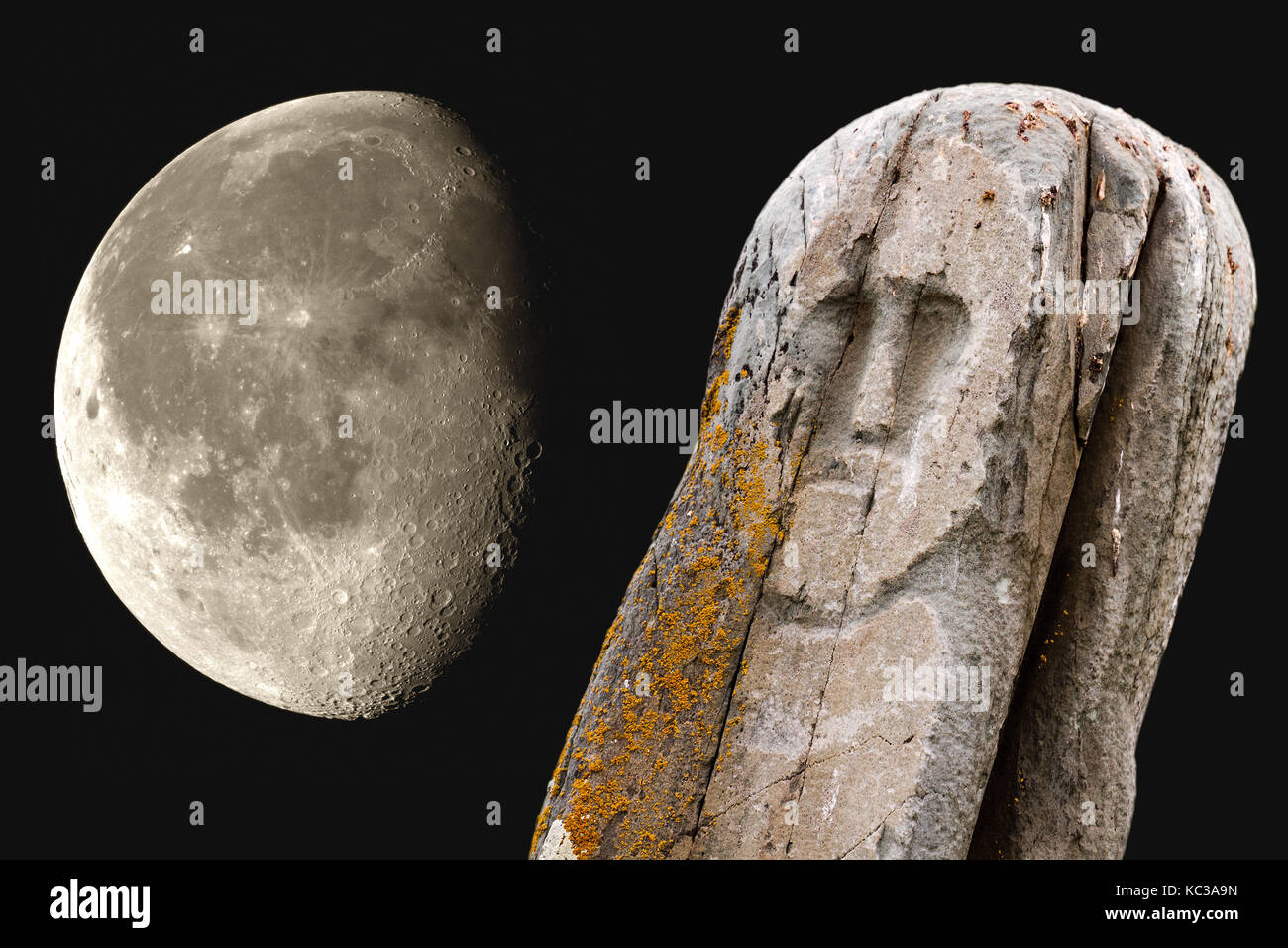 Stone ancient ritual tribal totem (idol) on dark background and Moon ...