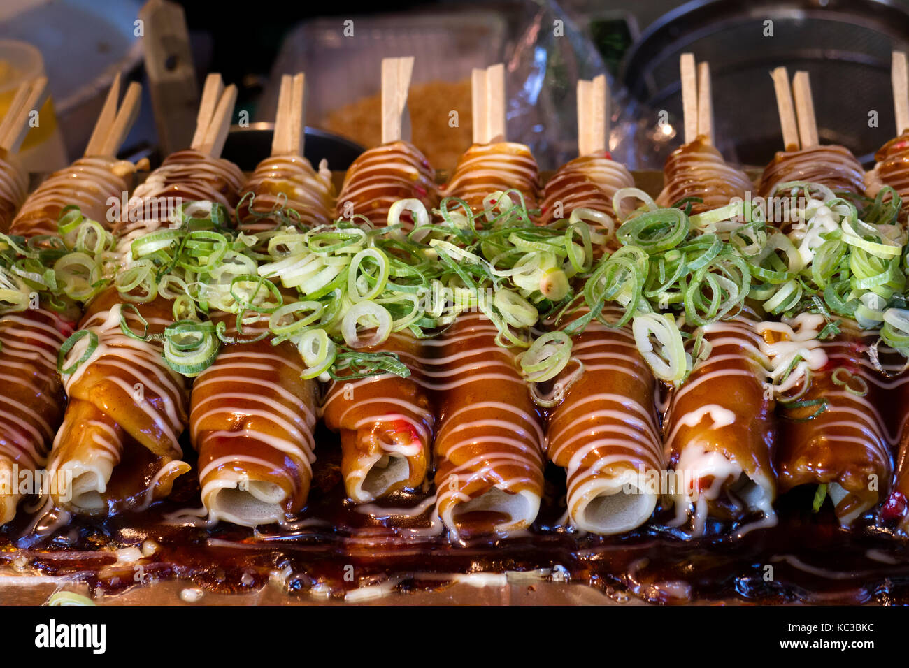 Kyoto, Japan - May 18, 2017: Baking Hashimaki, okonomiyaki on sticks ...
