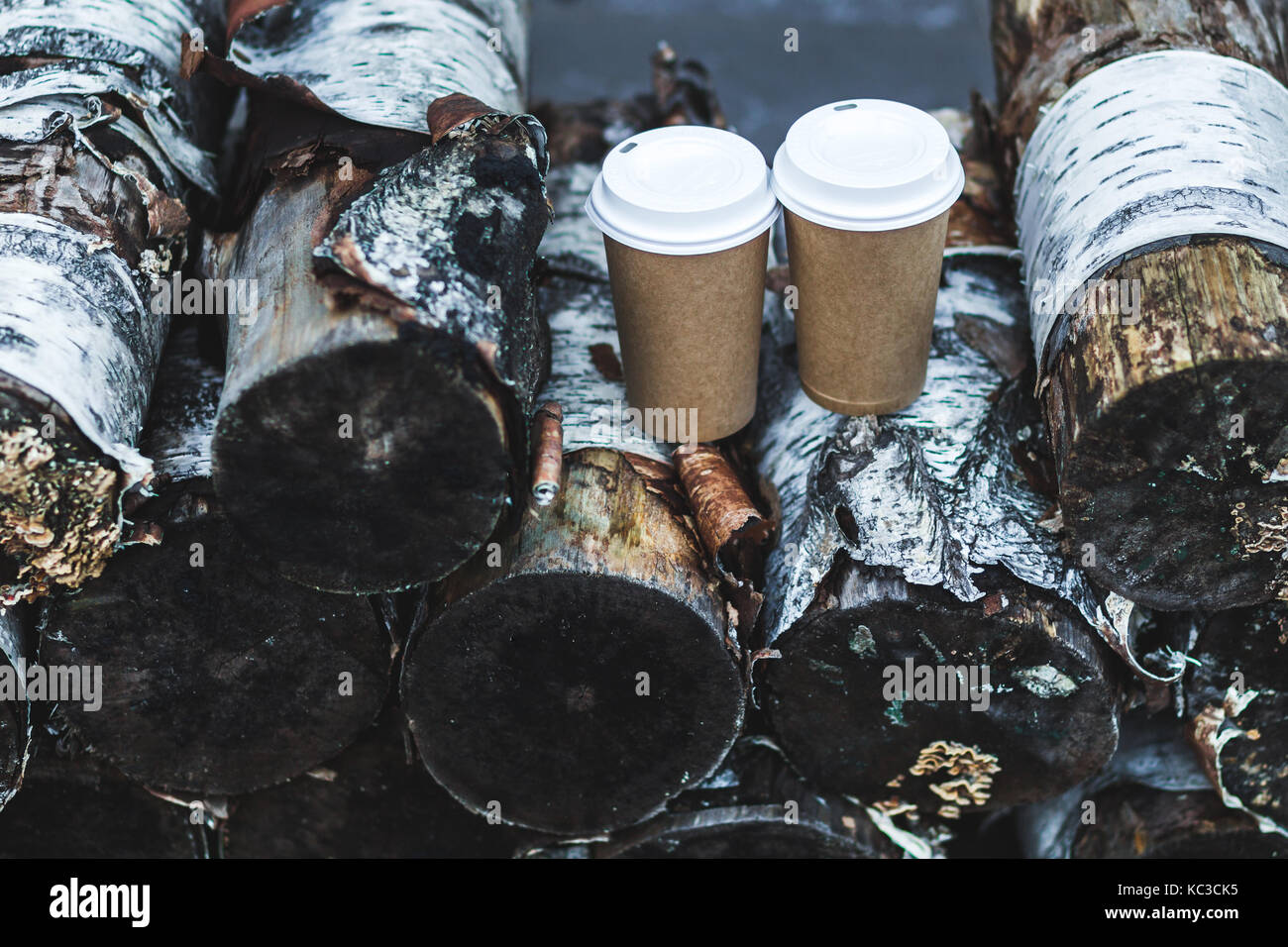 Two carton paper cups coffe to go on stack of logs for firewood Stock ...