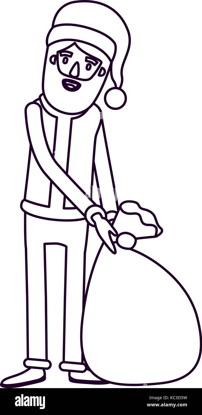 santa claus caricature full body dragging a gift bag hat and costume ...