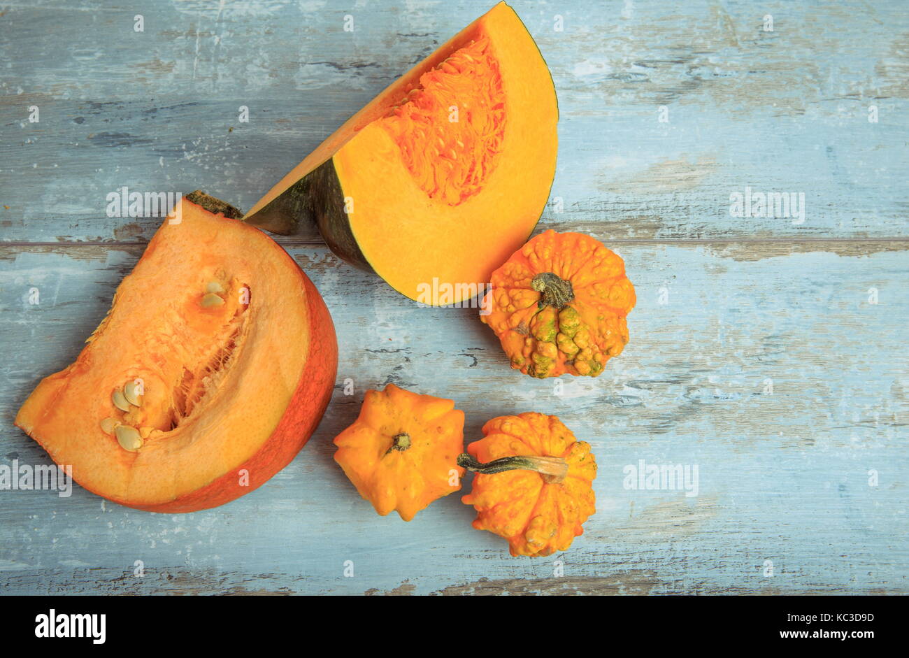 Pumpkin muscat, simple and decorative on a rustic blue wooden ...