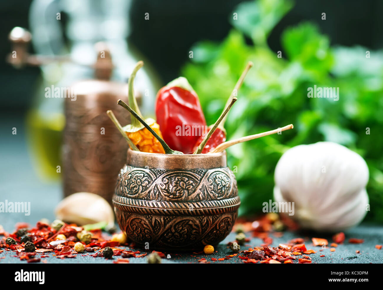 spice and aroma oil on the kitchen table Stock Photo - Alamy