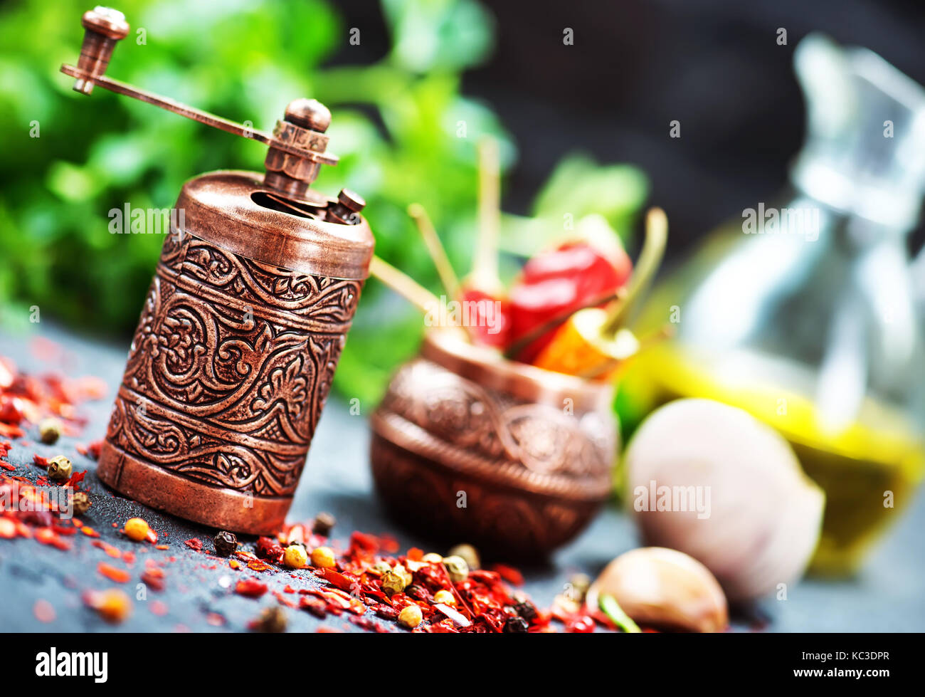 spice and aroma oil on the kitchen table Stock Photo - Alamy