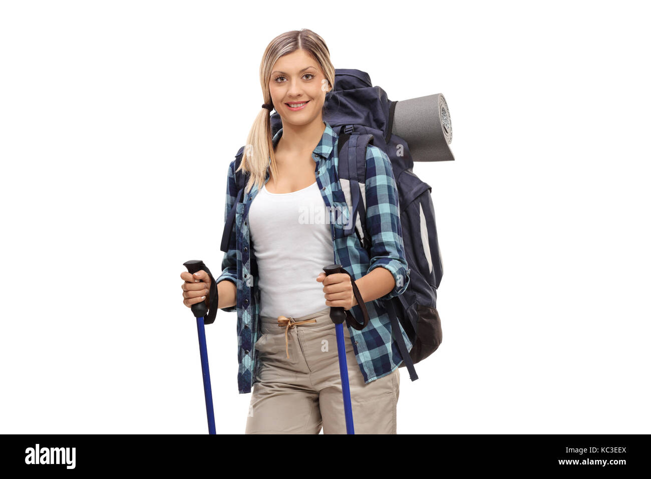 Female hiker with hiking equipment isolated on white background Stock ...