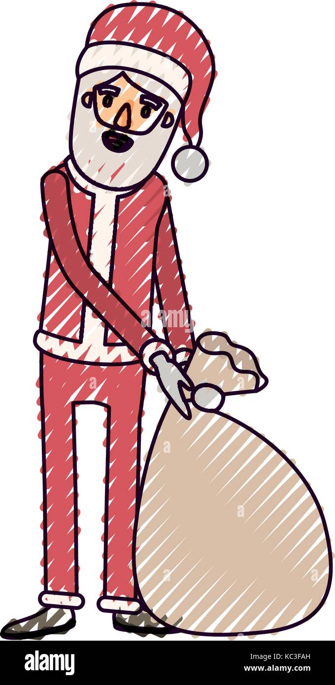 santa claus caricature full body dragging a gift bag hat and costume on ...