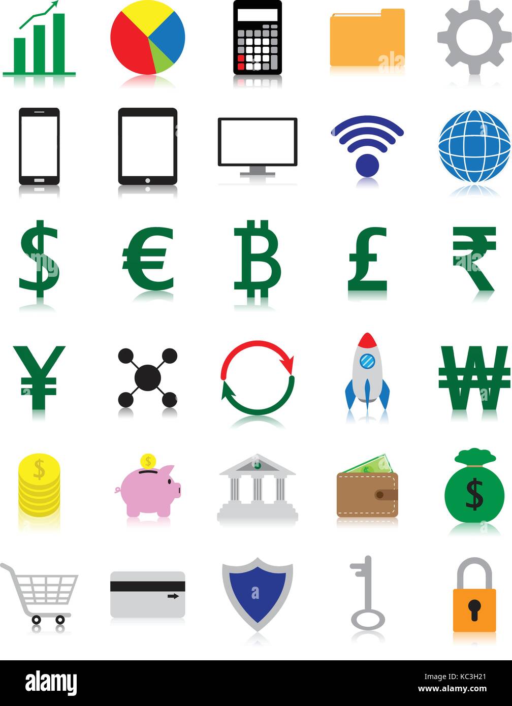 Vector Easy-To-Use 30 Colorful Fintech Flat Icons With Reflection ...