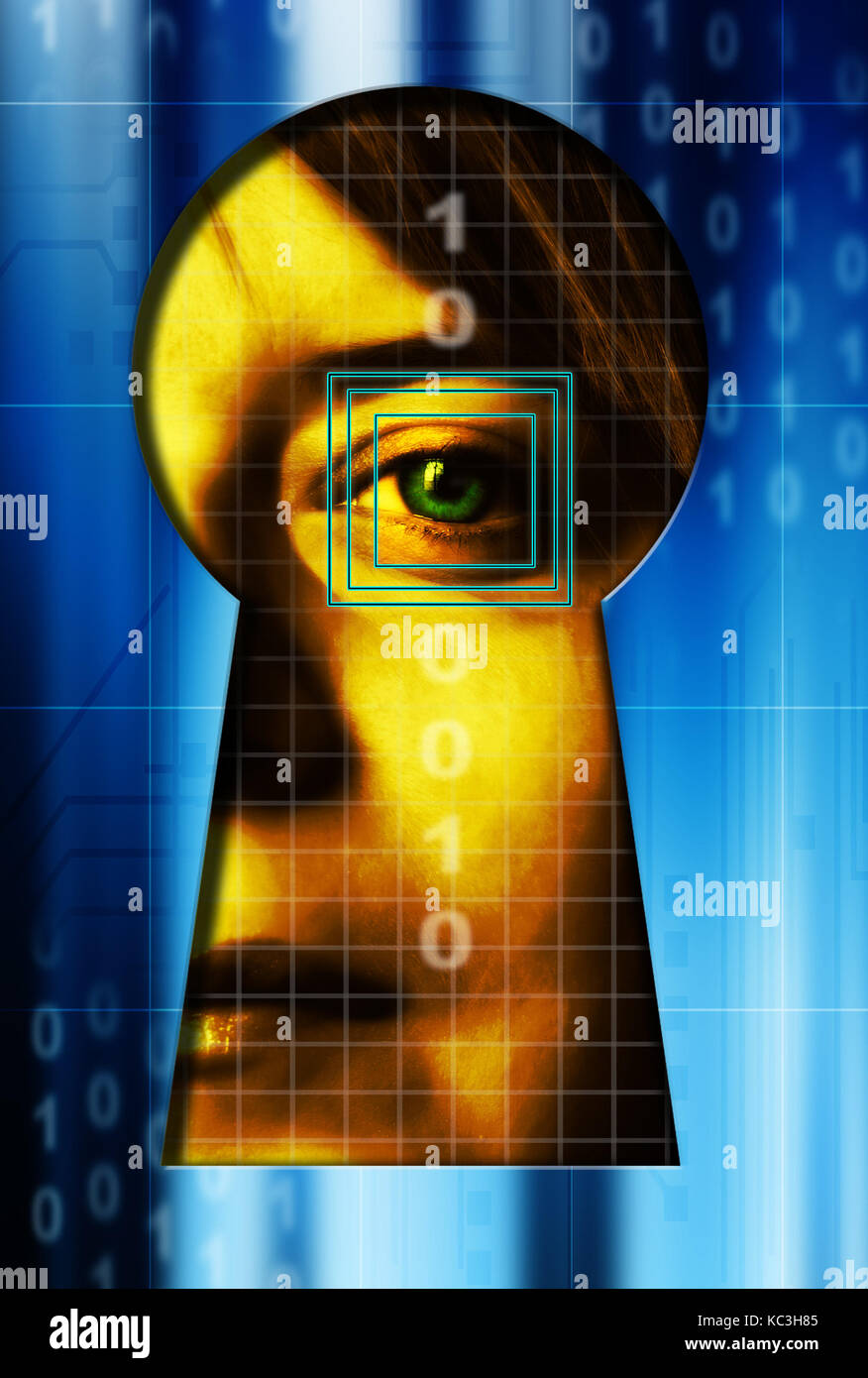 woman face behind a keyhole, secure access and identity scan concept ...