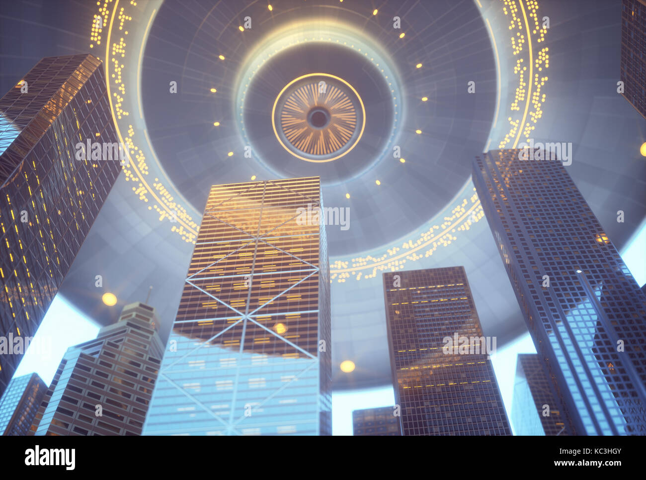 3D illustration. Space alien ship UFO, over skyscrapers. Conceptual ...