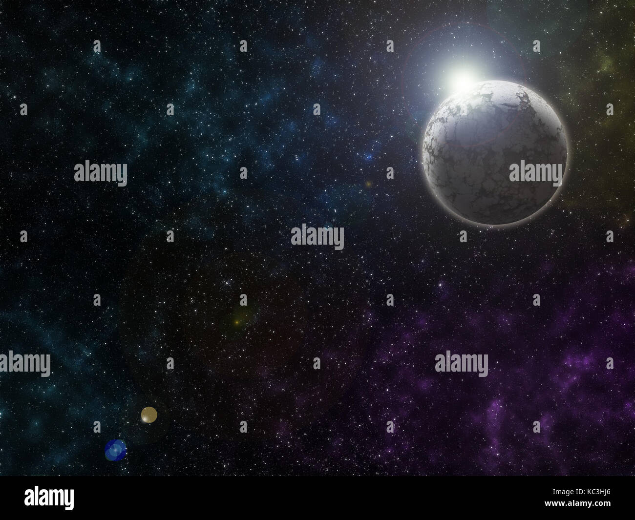 Starry outer space background texture. The sun is behind the dead ...