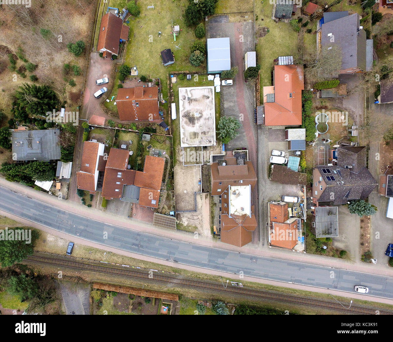 Aerial photo with the drone, an old build-up plot with single houses ...
