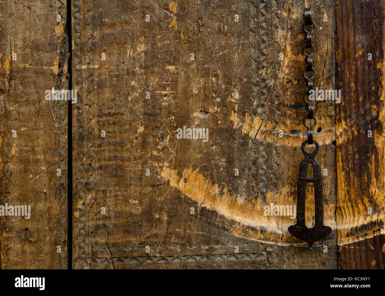 parts and elements of the old antique wooden doors with chain Stock ...