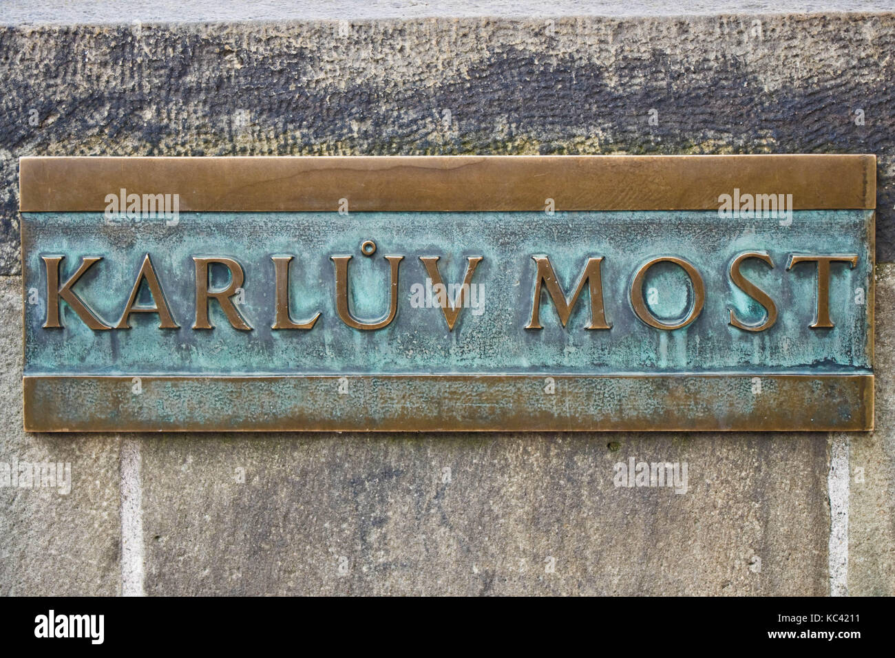 Plate on the Charles bridge with the name of the bridge in czech ...