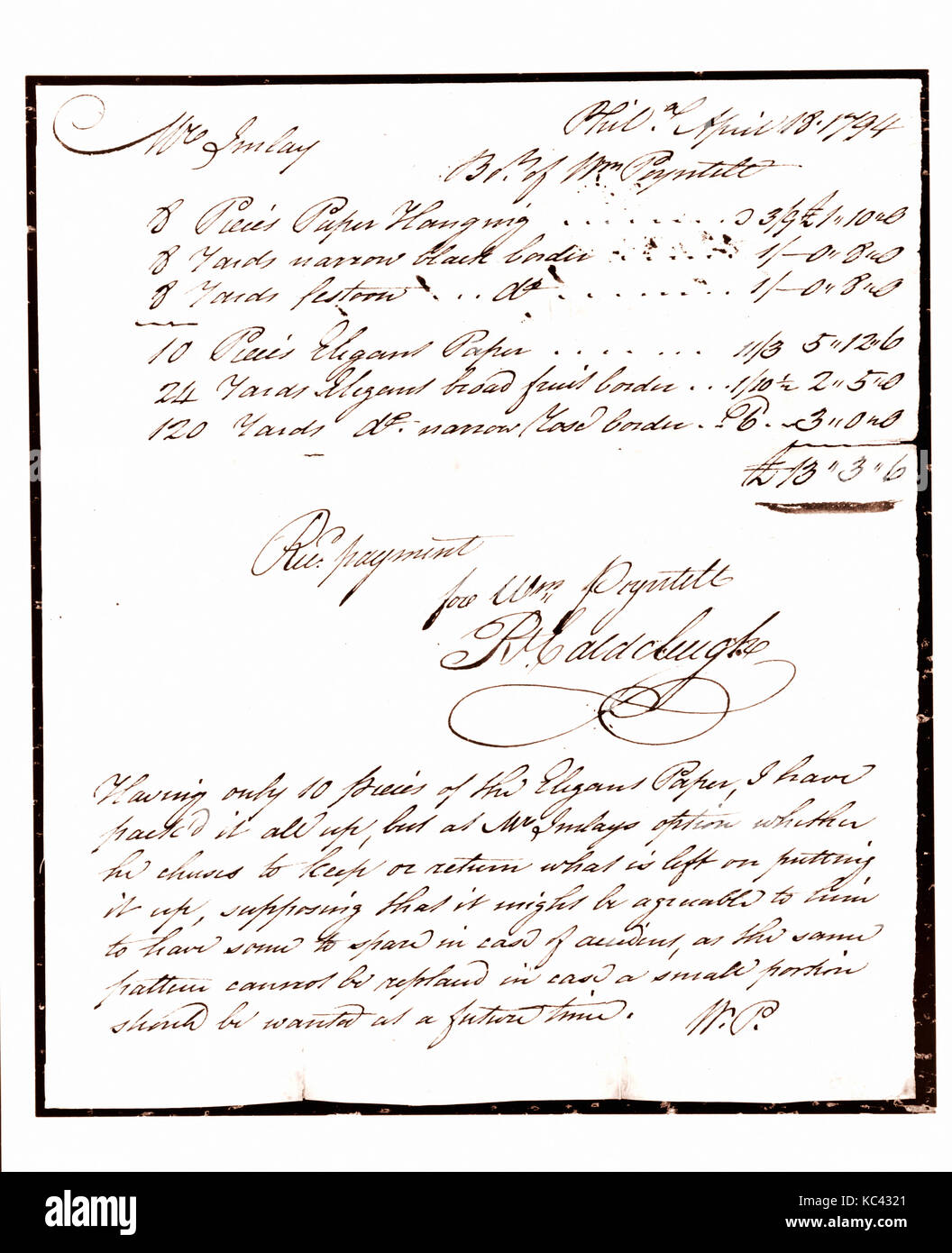 Manuscript of a Receipted Bill for Wallpaper, 1794, Made in ...