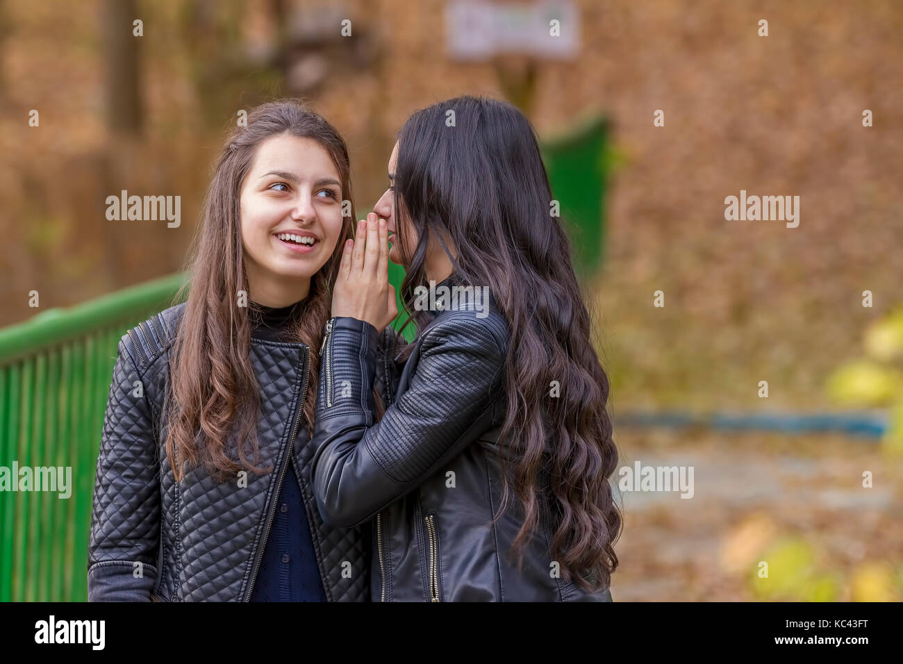 Two girls whispering park hi-res stock photography and images - Alamy