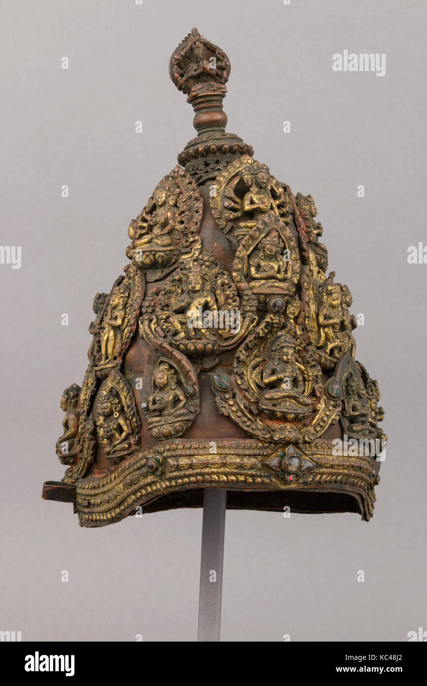 Vajracarya priest's crown, 18th century, Nepalese, Copper, gold, semi ...