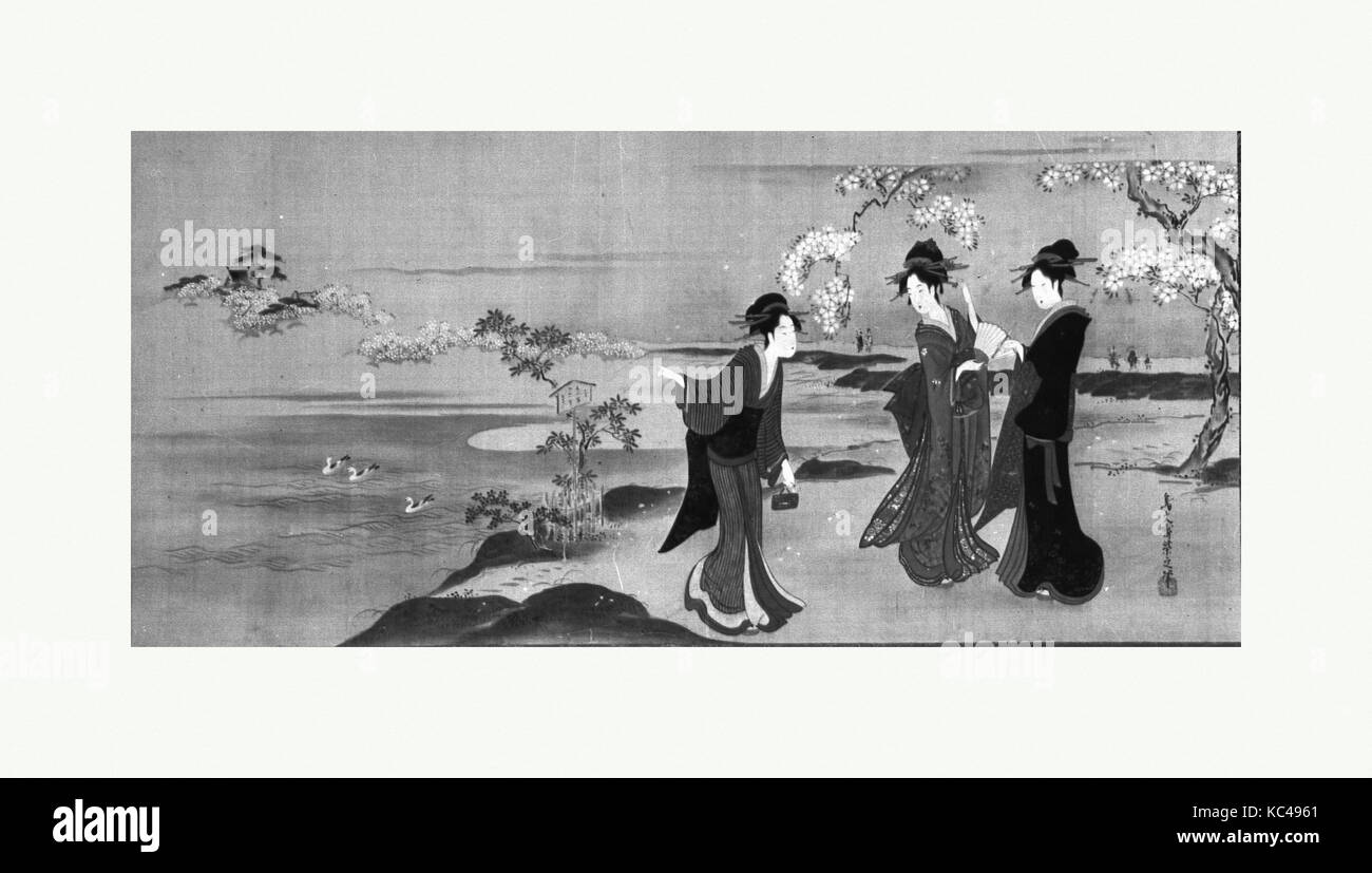 Three Beauties Viewing Cherry Blossoms, Attributed to Chōbunsai Eishi ...