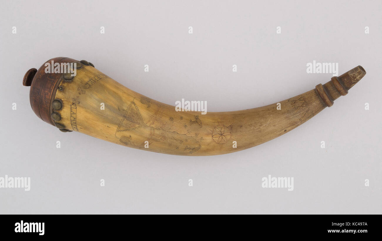 Powder Horn, 1764, Colonial American, Horn (cow), wood, brass, L. 13 1/ ...