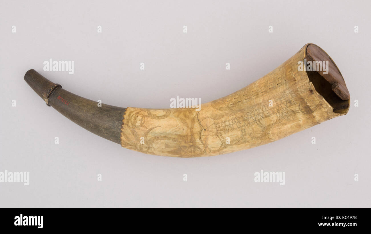 Powder Horn, 1780, American, Horn (cow), wood, L. 13 1/4 in. (33.7 cm ...