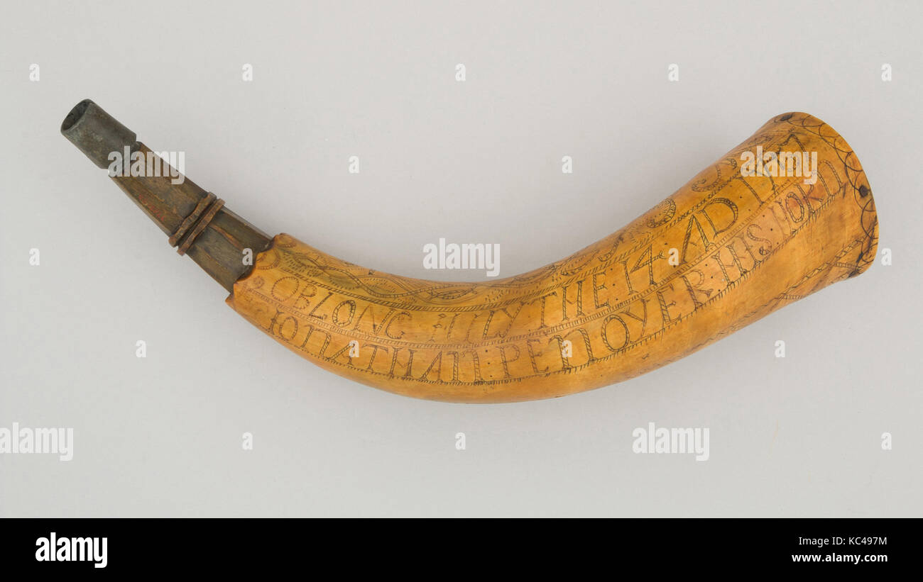 Powder Horn, 1757, Colonial American, Horn (cow), wood, L. 13 1/2 in ...