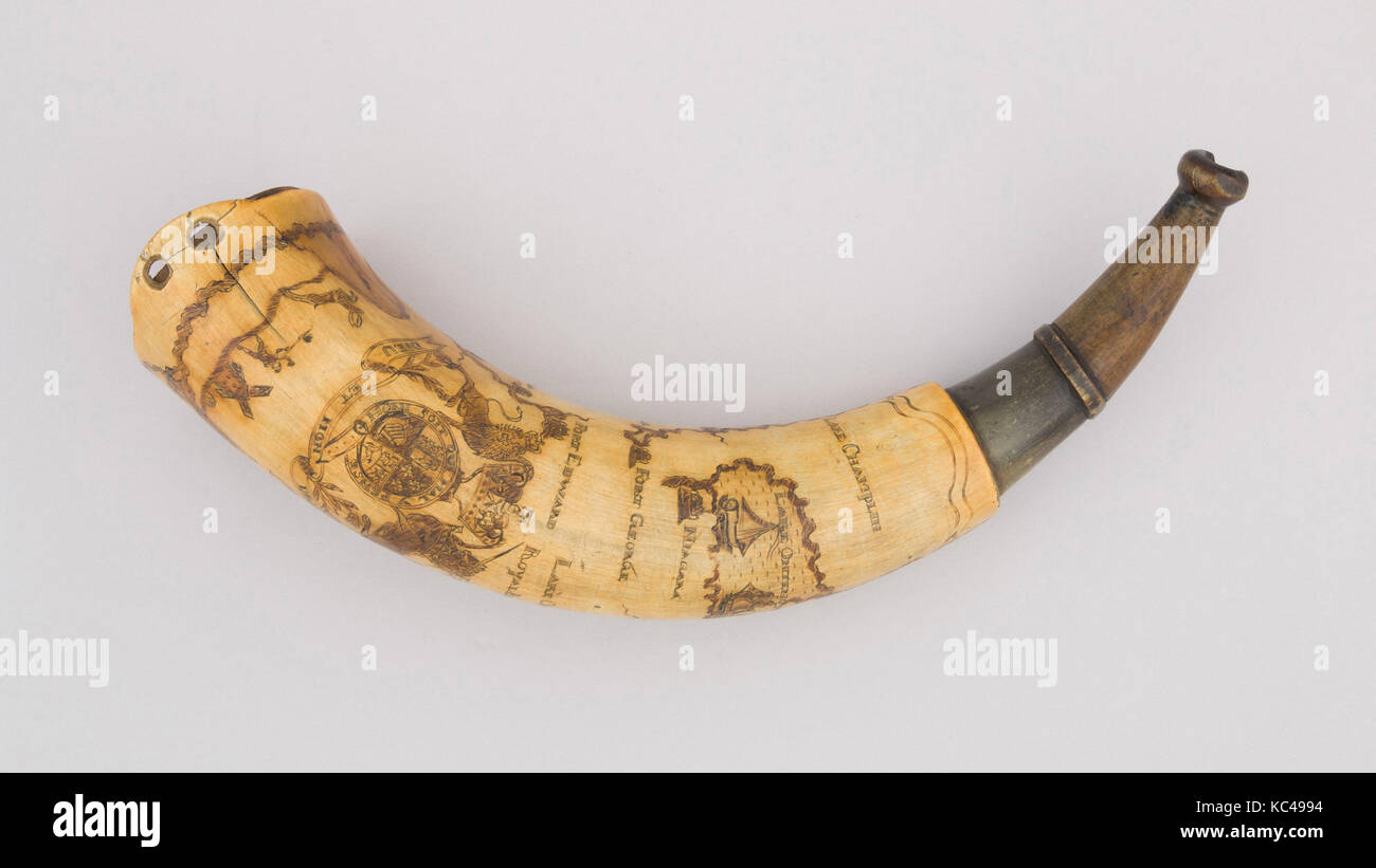 Powder Horn, 1750–83, New York, American, Horn (cow), wood, L. 11 3/4 ...
