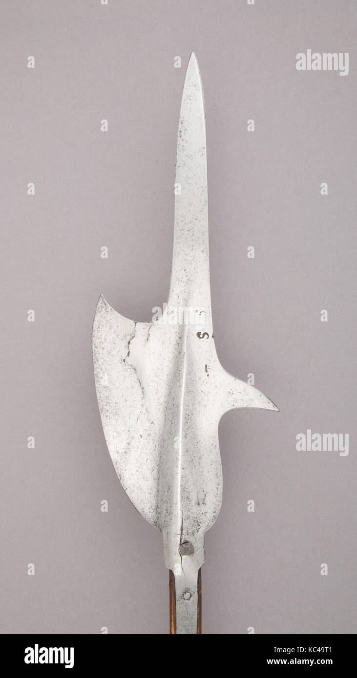 Halberd, ca. 1640, German, Steel, wood, L. 84 7/16 in. (214.5 cm); L ...