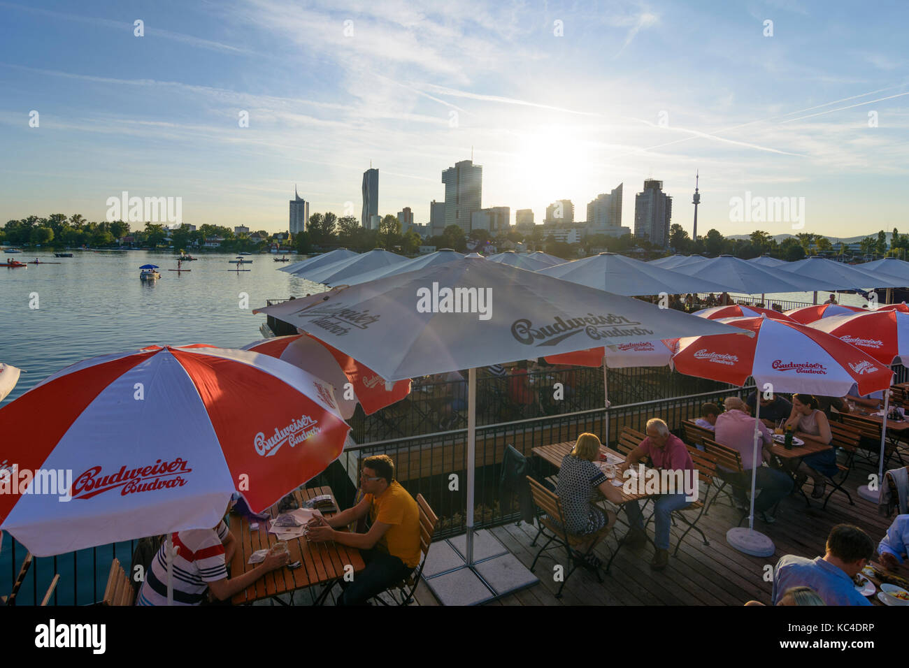 restaurant Strandcafe, river Alte Donau (Old Danube), skyline of ...