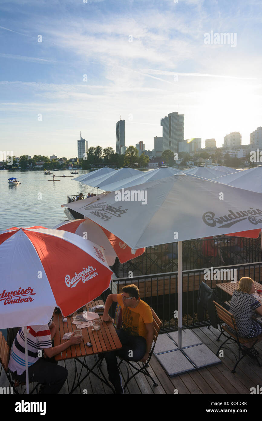 restaurant Strandcafe, river Alte Donau (Old Danube), skyline of ...