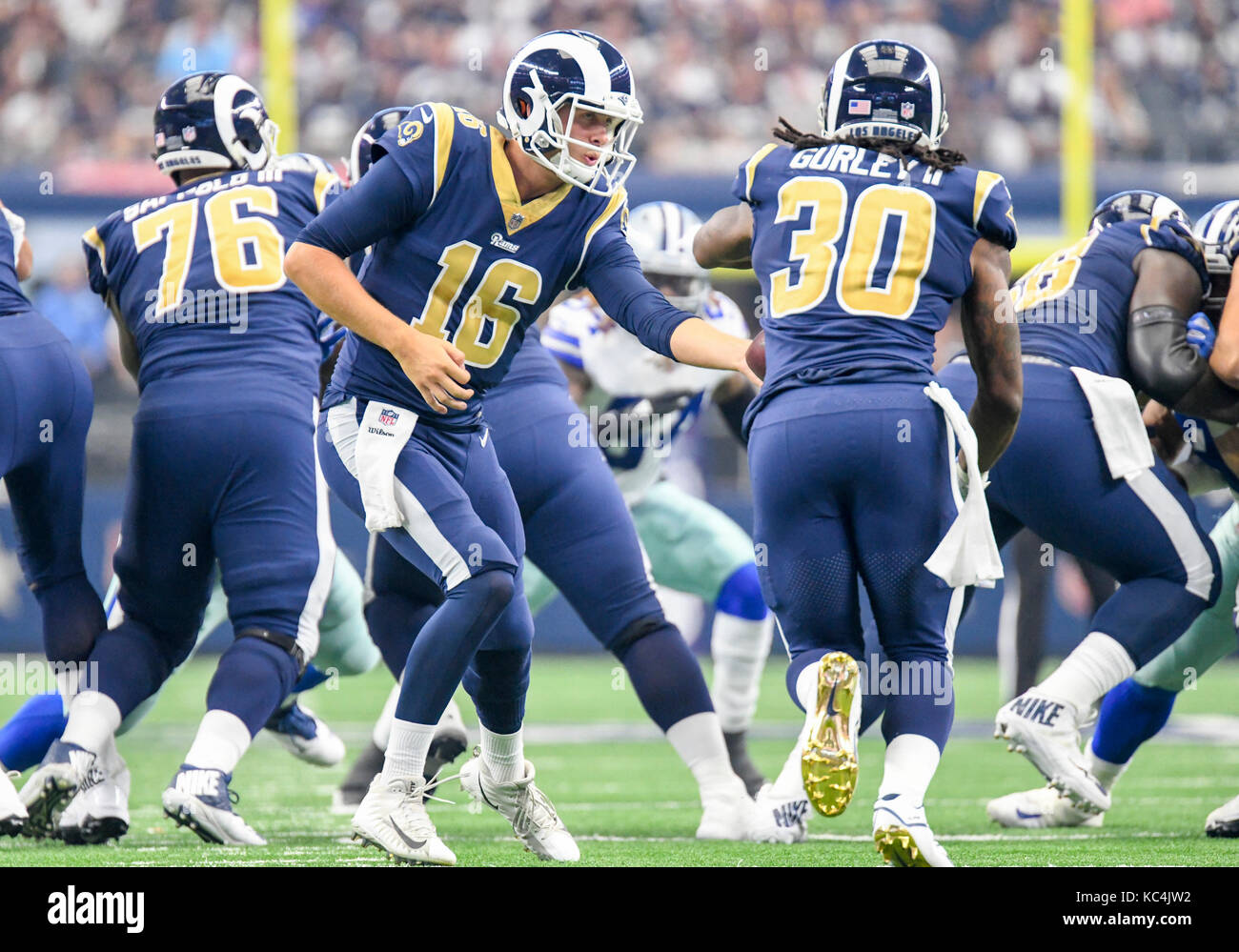 October 01, 2017: Los Angeles Rams quarterback Jared Goff #16 hands the ...
