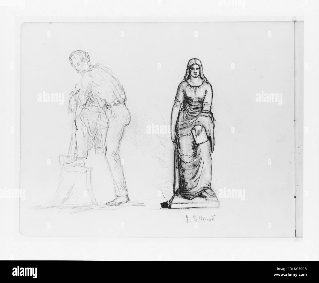 Full-length Sketch of a Male Figure; Study of a Sculpture of a Female ...