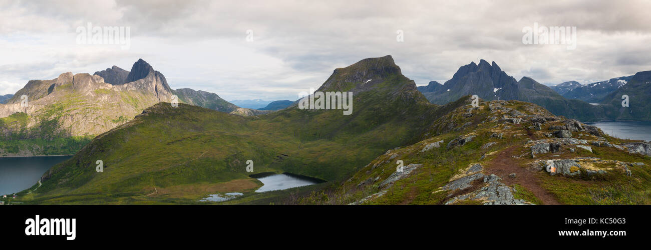 View from the Segla mountain at sunset, Senja island, Norway. Panorama ...