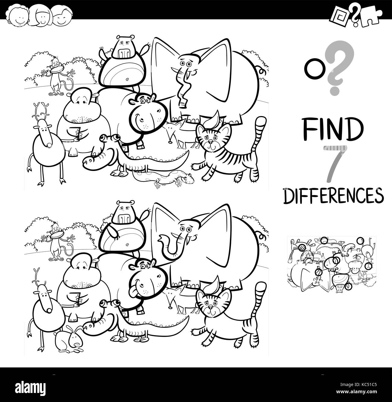 Black and White Cartoon Illustration of Searching Differences Between ...