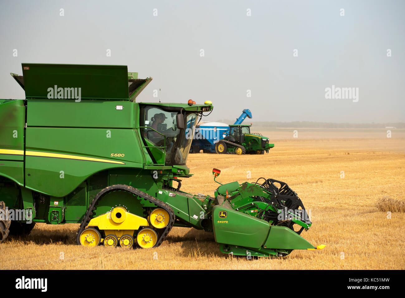 JOHN DEERE COMBINE HARVESTING WHEAT ON A FARM IN BRECKENRIDGE, NORTH ...