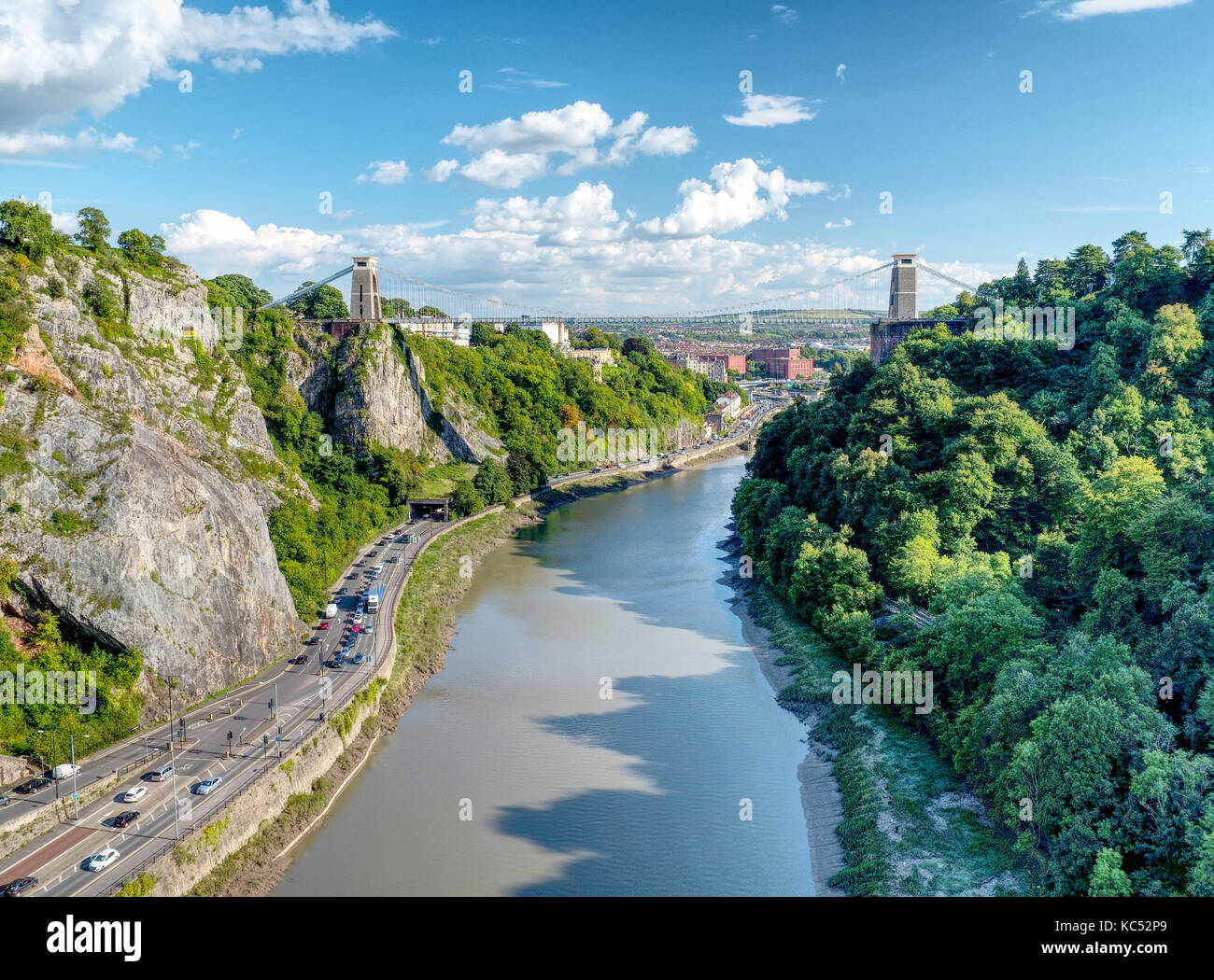 Aerial shot of Clifton Suspension Bridge spanning the Avon Gorge ...