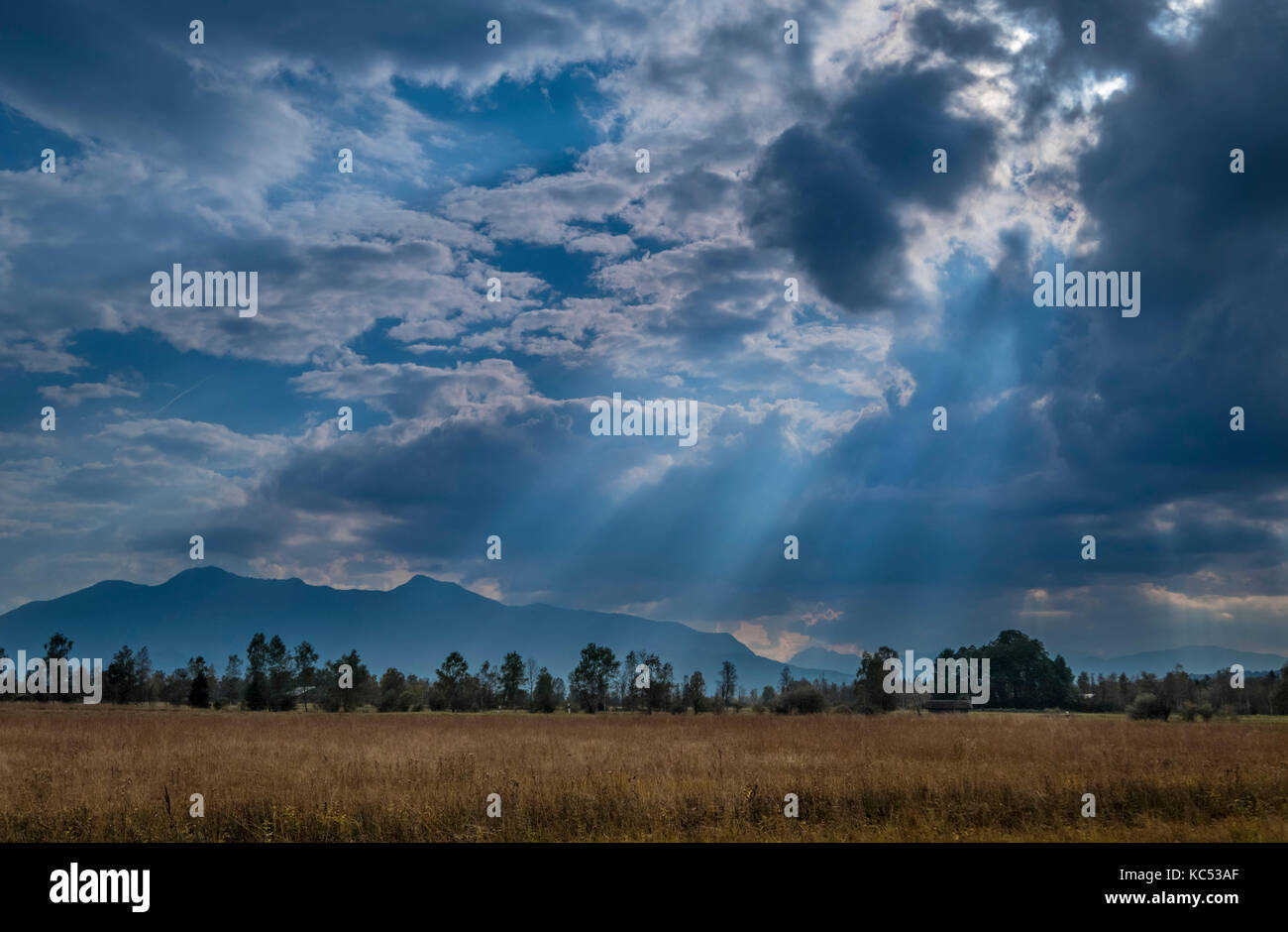 Sunbeams breaking through clouds, Bavaria, Germany, Europe Stock Photo ...