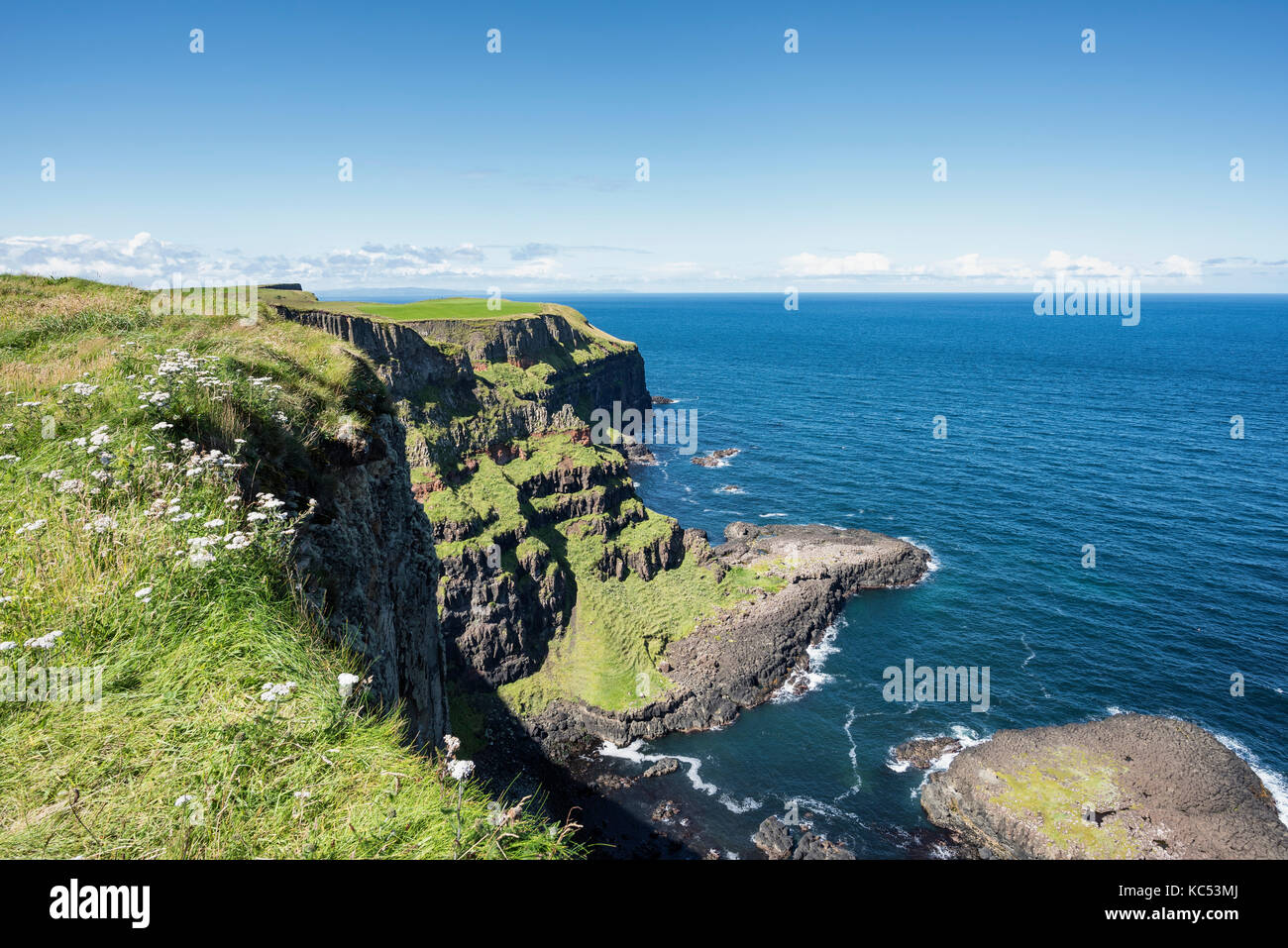 Bizarre basalt cliffs on the Causeway coast, Atlantic coast, County ...