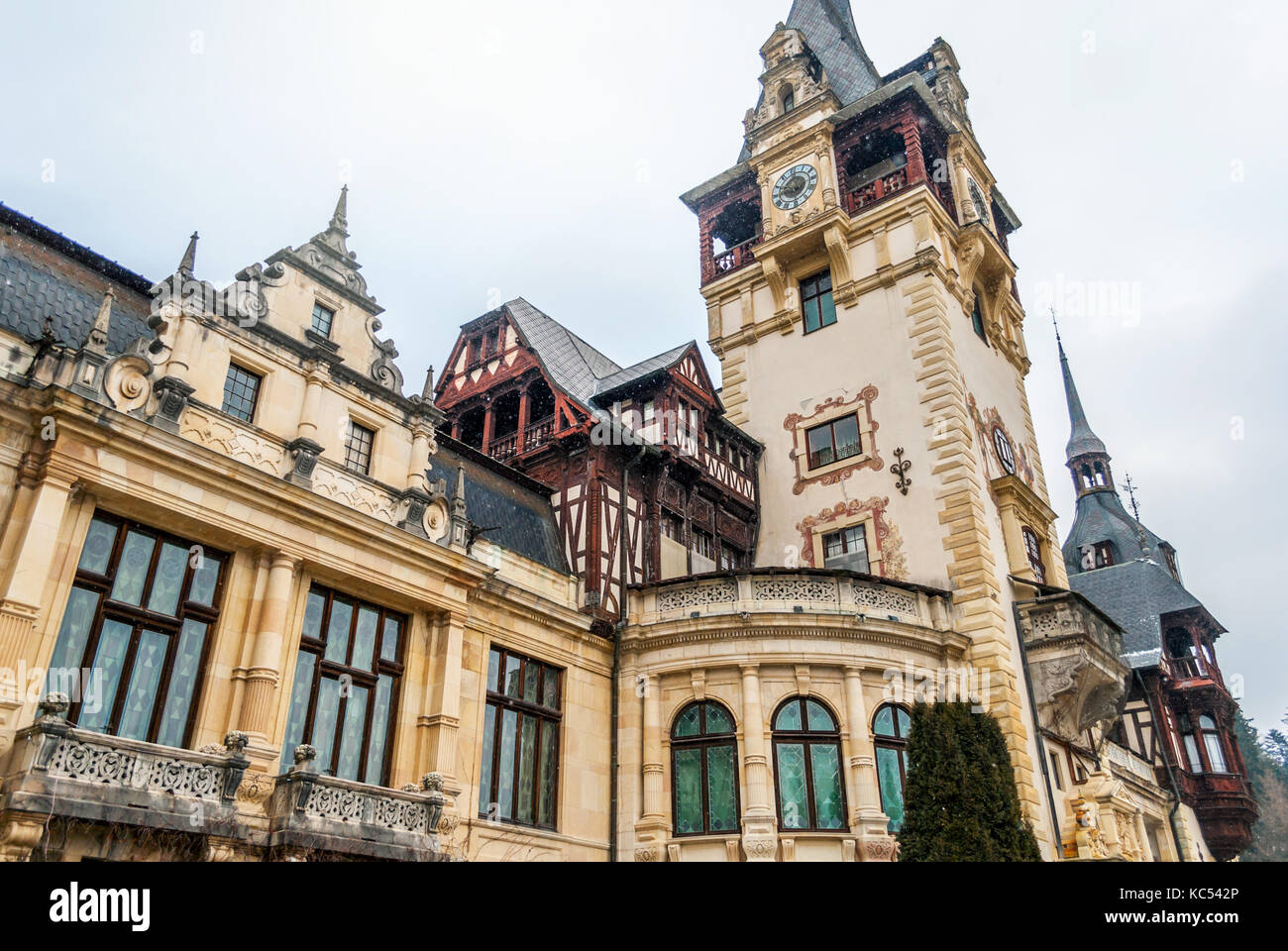 Pelesh Palas in Romania, Sinaia, covered with snow Stock Photo - Alamy