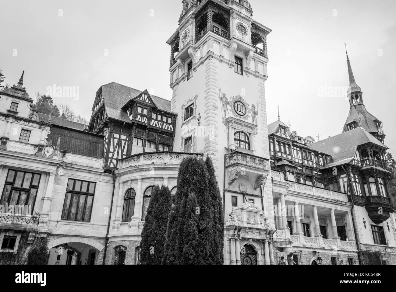 Pelesh Palas in Romania, Sinaia, covered with snow, black and white ...