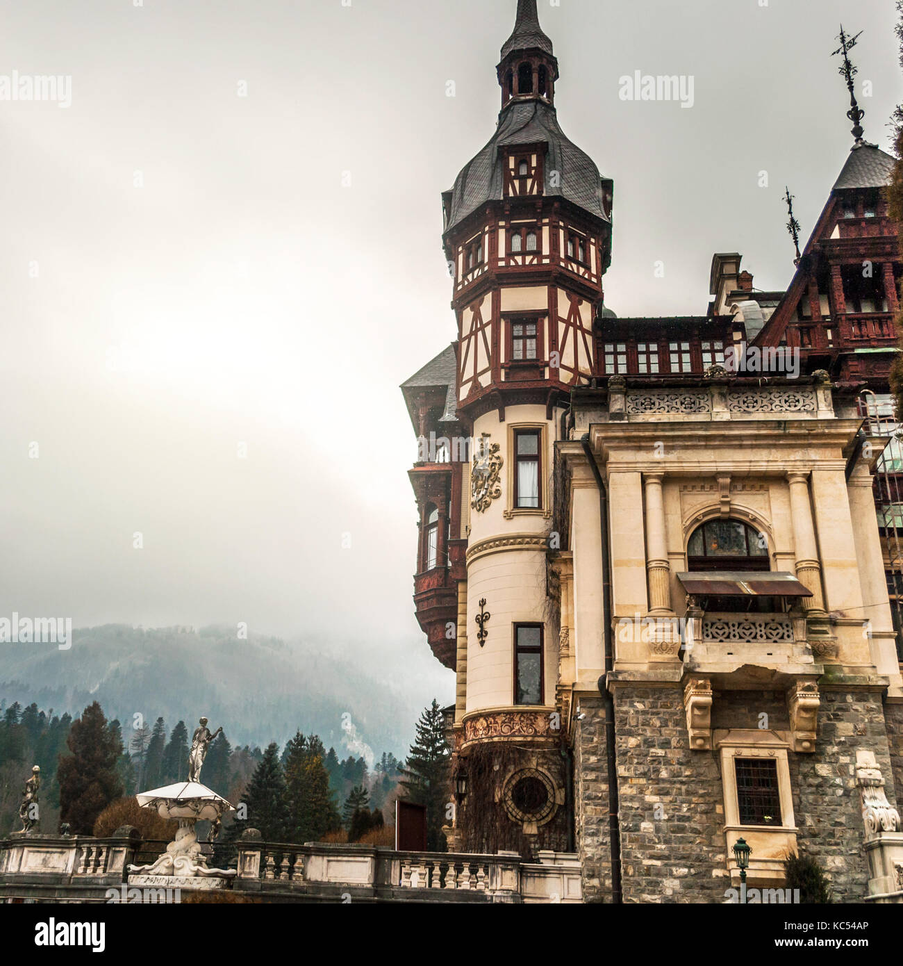 Pelesh Palas in Romania, Sinaia, covered with snow Stock Photo - Alamy
