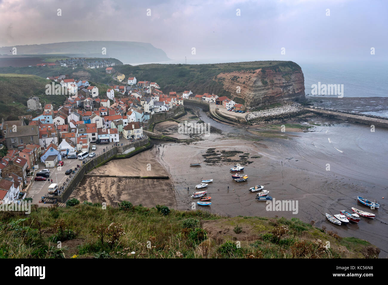 A sea fret descends on the coastal village of Staithes, North Yorkshire ...