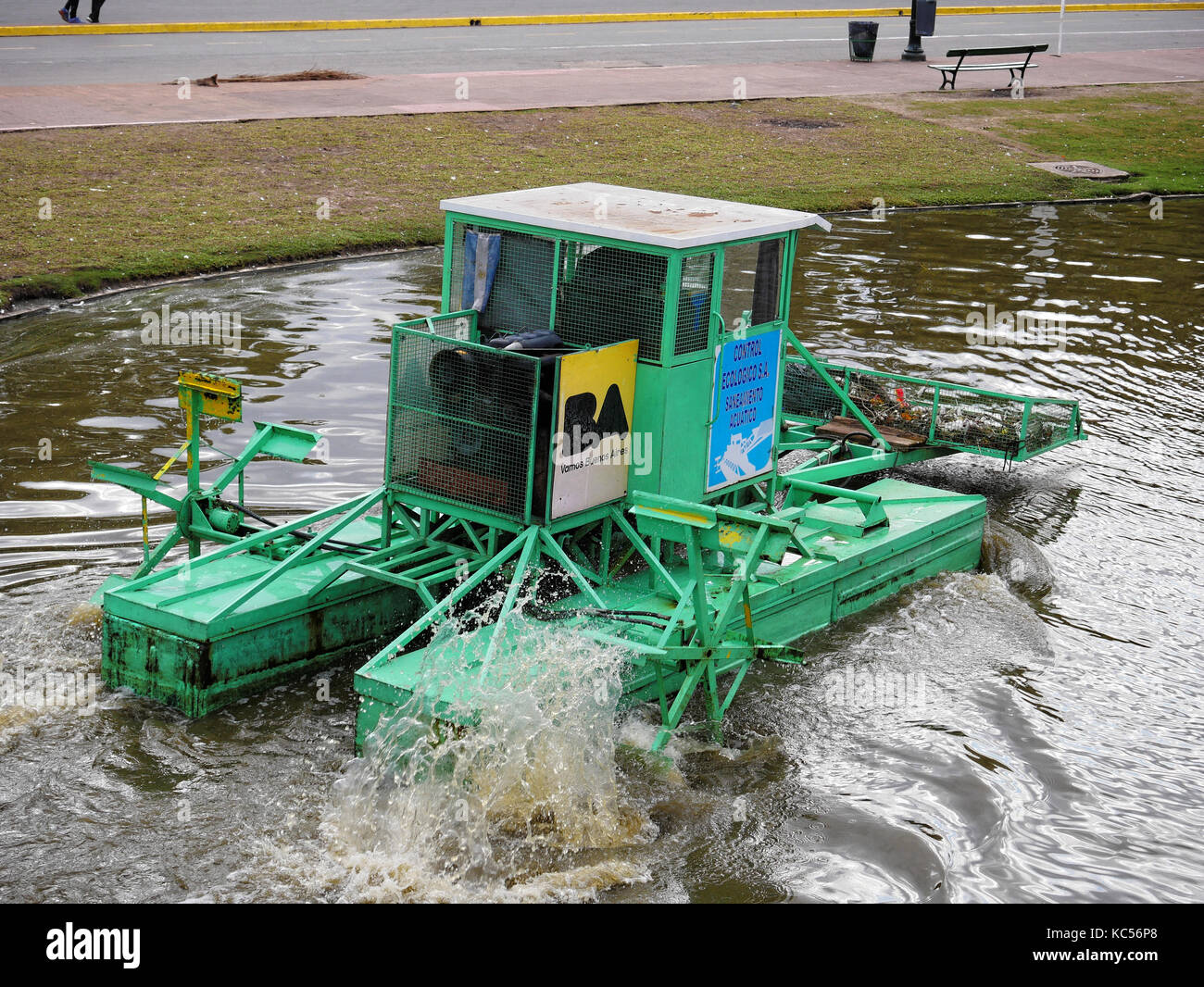 Waste Garbage Collecting Boat on pond in Paseo El Rosedal park, Buenos ...