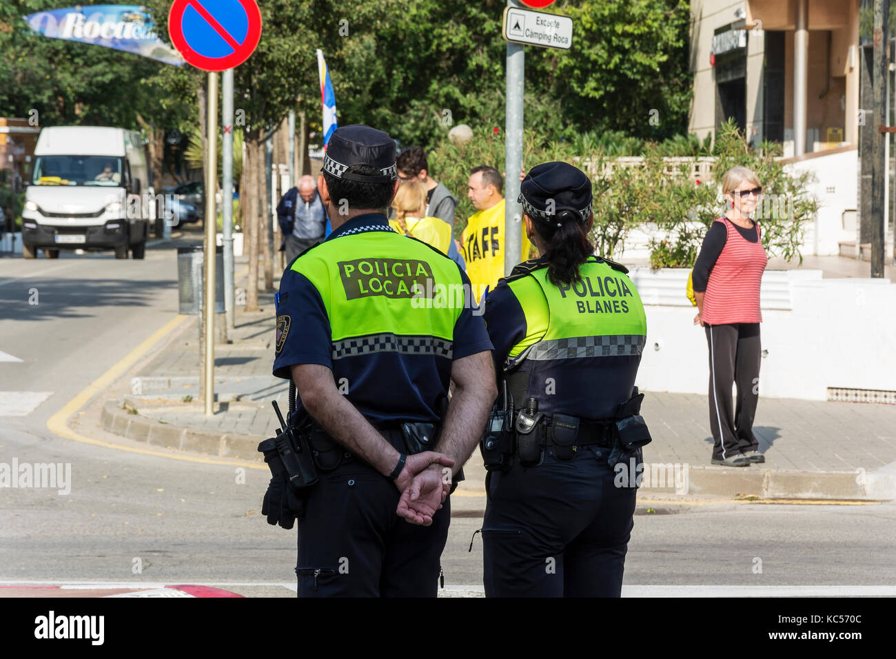Spain, Blanes - 09/23/2017: Police stand at the crossroads of the city ...