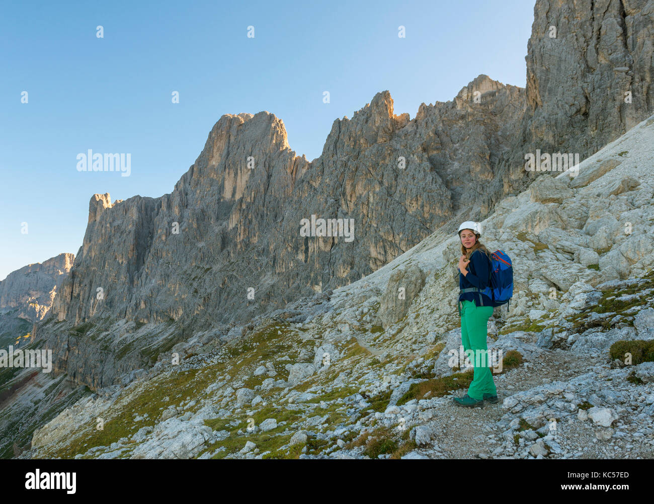 Hiker on the Santner via ferrata, Rosengarten Group, Dolomites, South ...